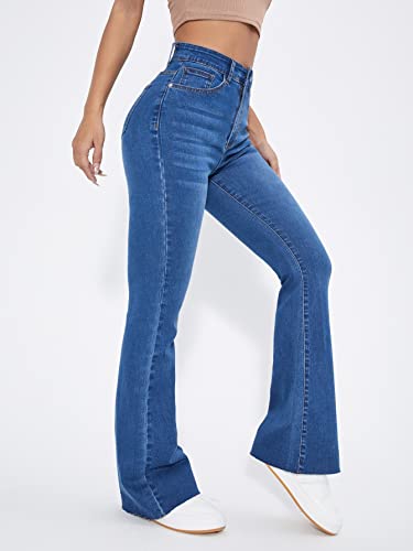 Floerns Women's High Waisted Flare Jeans Raw Hem Stretch Slim Fit Denim Pants Blue M