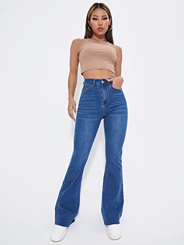Floerns Women's High Waisted Flare Jeans Raw Hem Stretch Slim Fit Denim Pants Blue M