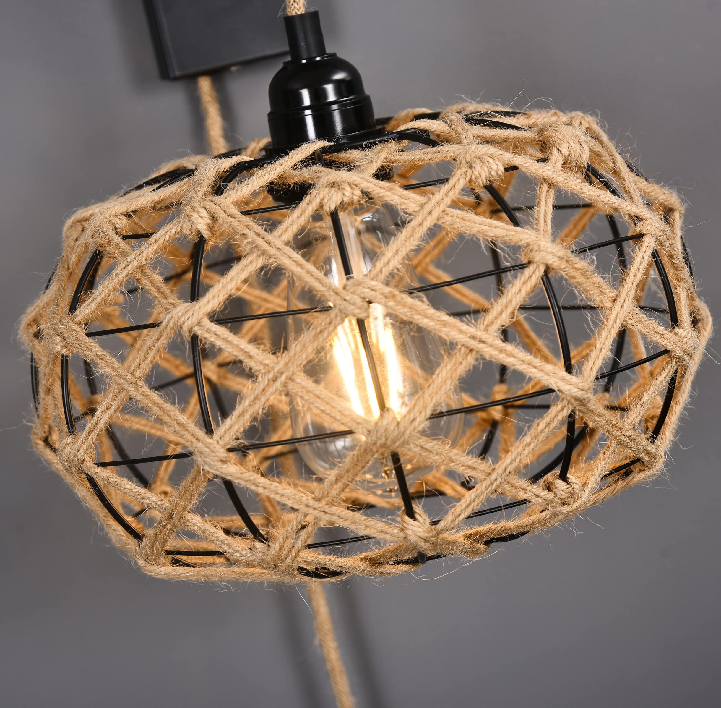 Plug in Wall Sconces Rattan Boho Decor Wall Sconce Light Woven Wicker Wall Lamp with Plug in Cord Dimmable Hanging Lamps That Plug Into Wall Outlet Rustic Wall Lamp Light for Bedroom Living Room