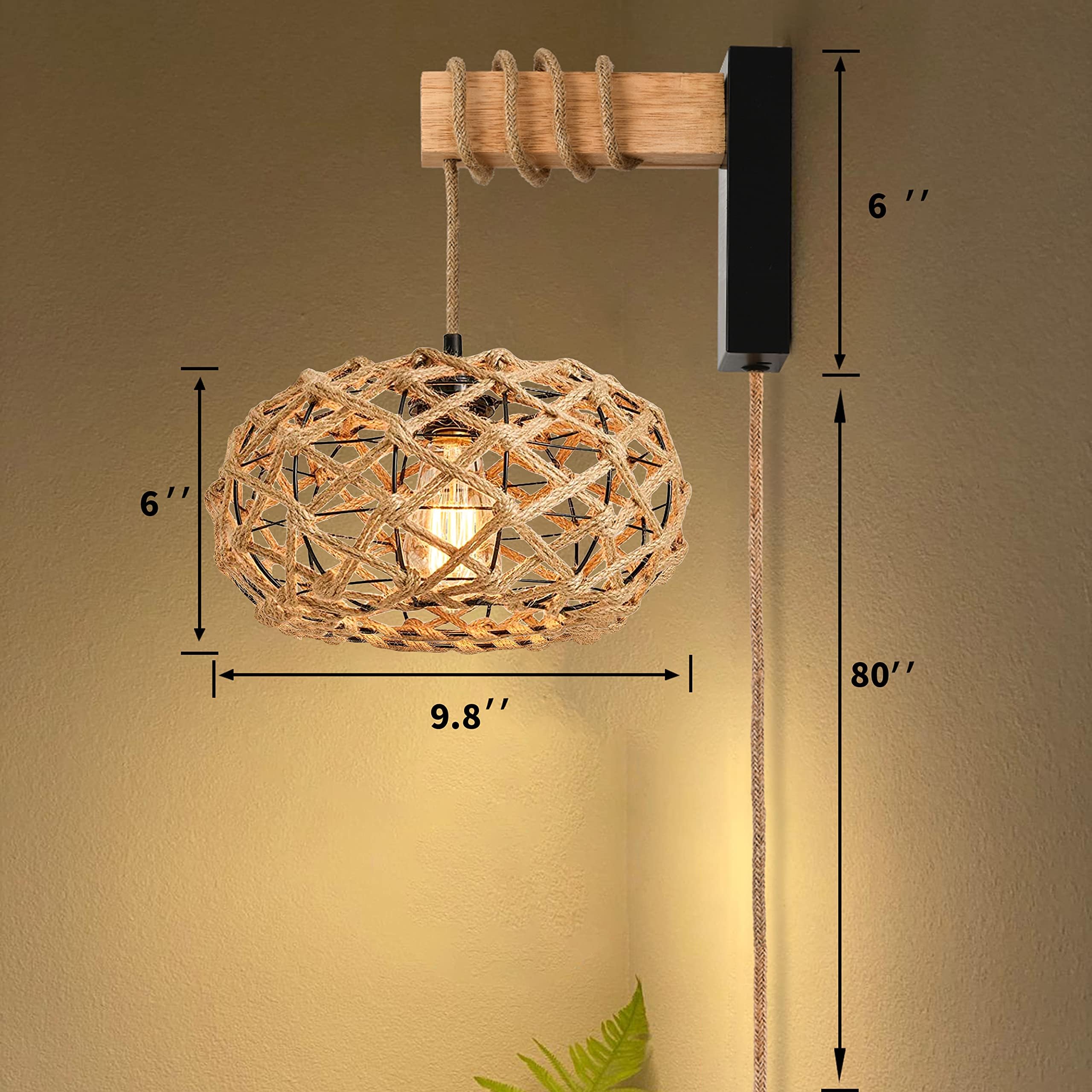 Plug in Wall Sconces Rattan Boho Decor Wall Sconce Light Woven Wicker Wall Lamp with Plug in Cord Dimmable Hanging Lamps That Plug Into Wall Outlet Rustic Wall Lamp Light for Bedroom Living Room