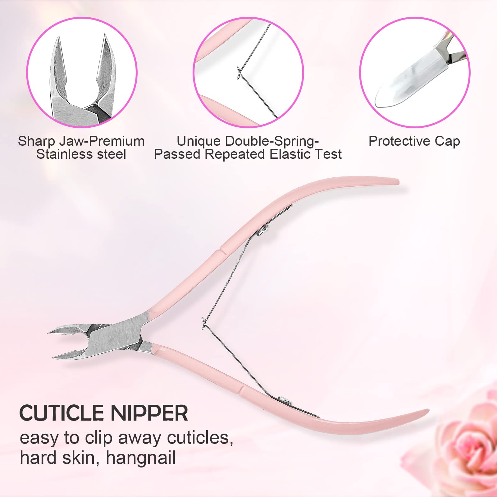 Makartt Cuticle Trimmer with Cuticle Pusher, 3 PCS Pink Nail Cuticle Nipper Professional Pedicure Manicure Tools with Stainless Steel Dual End Pusher, Nail Scraper