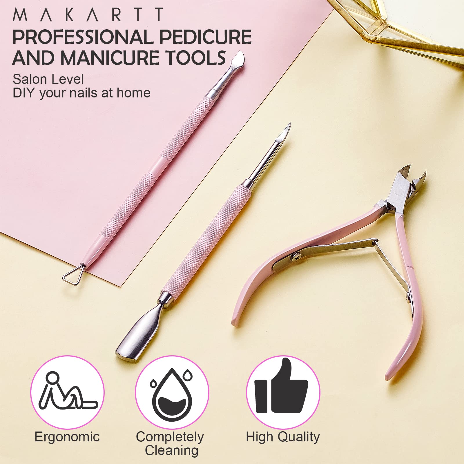 Makartt Cuticle Trimmer with Cuticle Pusher, 3 PCS Pink Nail Cuticle Nipper Professional Pedicure Manicure Tools with Stainless Steel Dual End Pusher, Nail Scraper