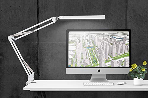 PSIVEN LED Desk Lamp, Architect Task Lamp, Metal Swing Arm Drafting Table Lamp with Base and Clamp (3 Color Modes, 10-Level Dimmer, Memory Function) Highly Adjustable Office, Craft, Workbench Light