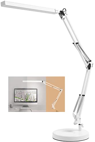 PSIVEN LED Desk Lamp, Architect Task Lamp, Metal Swing Arm Drafting Table Lamp with Base and Clamp (3 Color Modes, 10-Level Dimmer, Memory Function) Highly Adjustable Office, Craft, Workbench Light