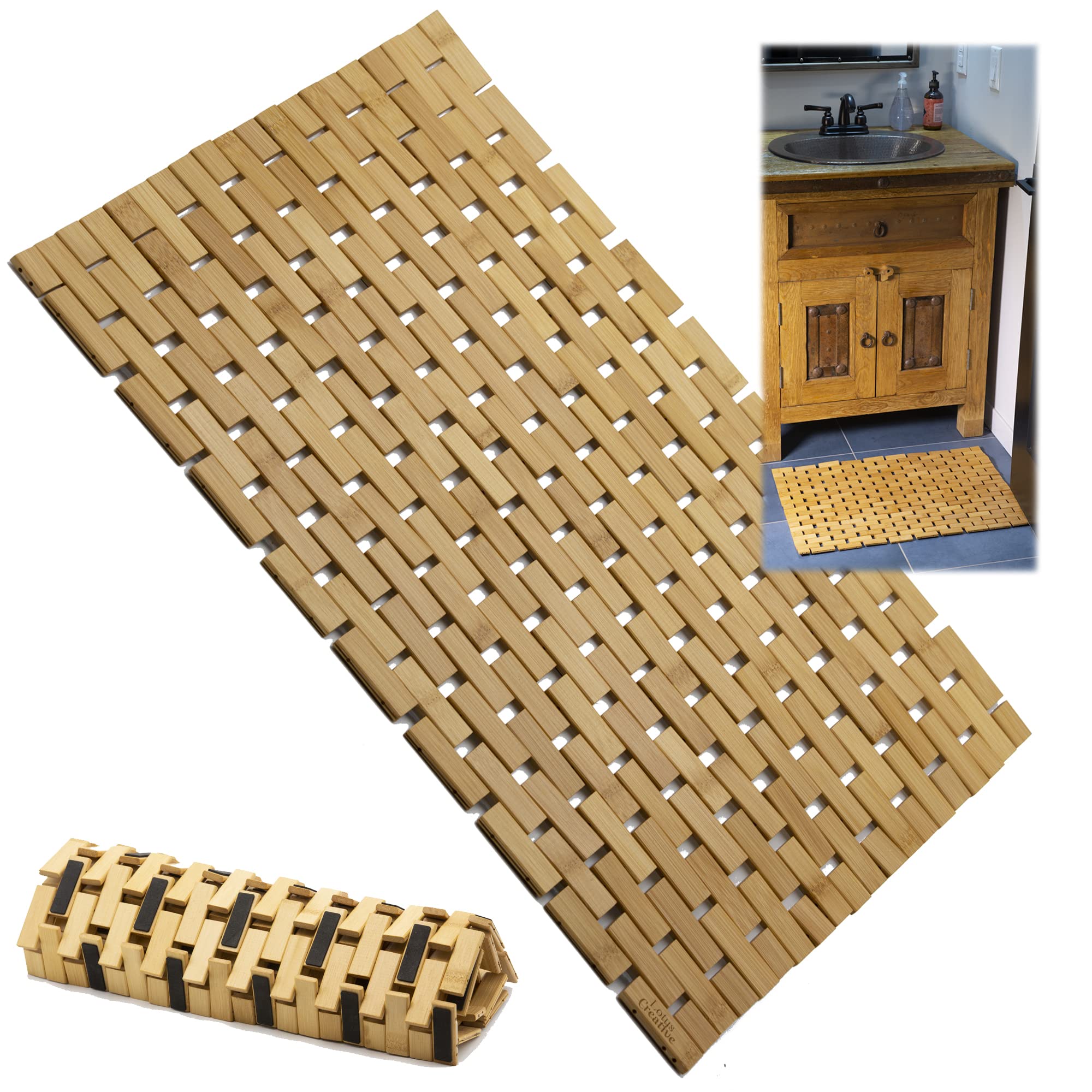 Lotus Creative's Bamboo Bath and Shower Mat Perfect for Bathroom, Bathtub, Kitchen, and Sauna – Quick Dry – Boho Bathroom Accessories, Bathmat Decor