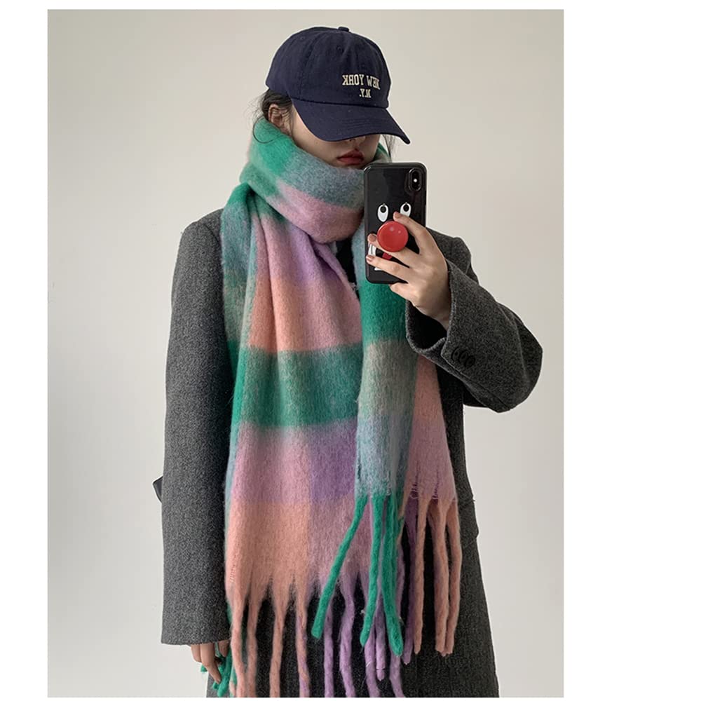 OUNIYA Big Chunky Plaid Scarf Colorful Checked Oversized Thick Scarves Soft Large Cashmere Wool Shawl Winter Warm Blanket Women (pink green grid)