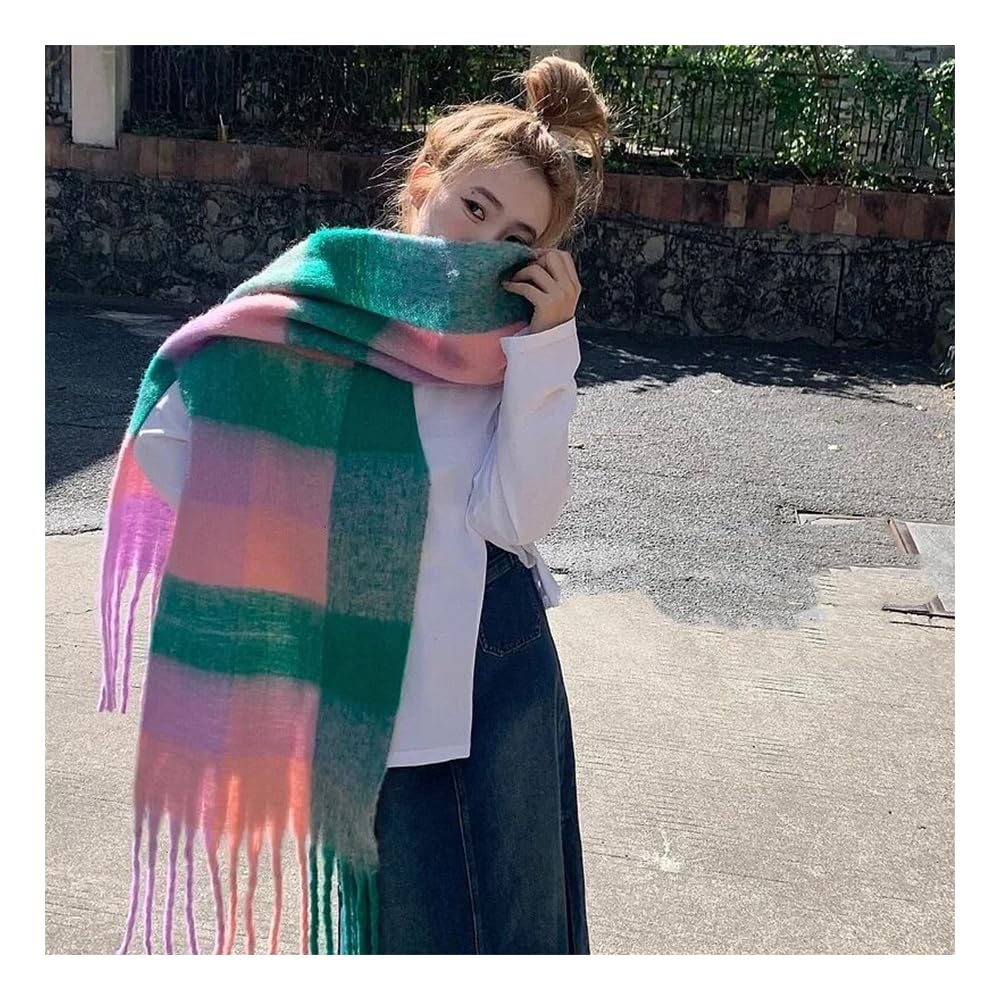 OUNIYA Big Chunky Plaid Scarf Colorful Checked Oversized Thick Scarves Soft Large Cashmere Wool Shawl Winter Warm Blanket Women (pink green grid)