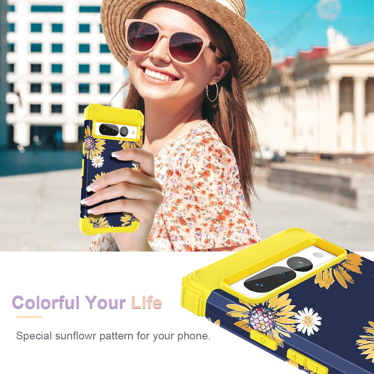 Fingic Pixel 7 Pro Case, Heavy Duty Protection, Sunflower Design, Yellow, for Google Pixel 7 Pro