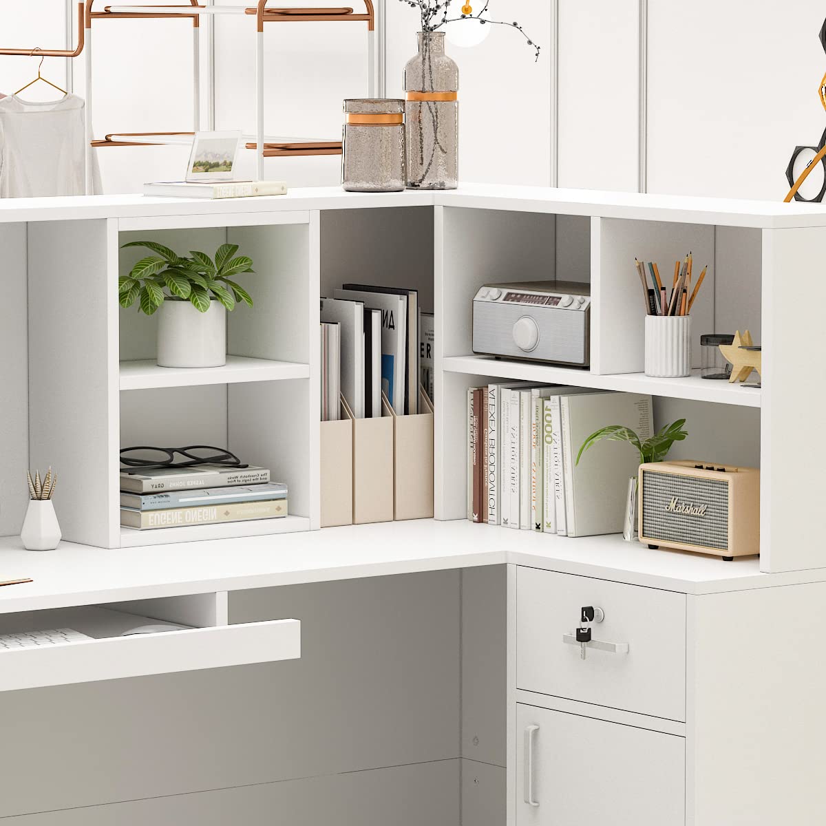 Homsee Reception Desk L-Shaped Office Desk with Counter, 1 Door Storage Cabinet, 1 Lockable Drawer, Hutch Shelf & Keyboard Tray, White