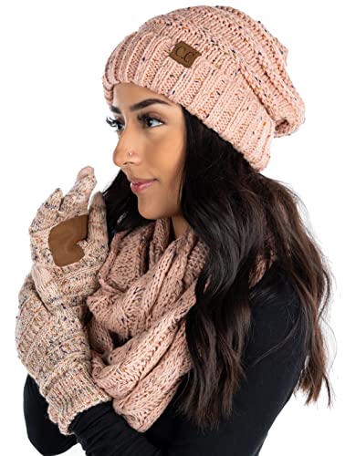 Funky Junque Hat Scarf Glove Set for Women Christmas Gifts Winter Matching Beanie Infinity Scarf Texting Gloves Confetti Indi Pink