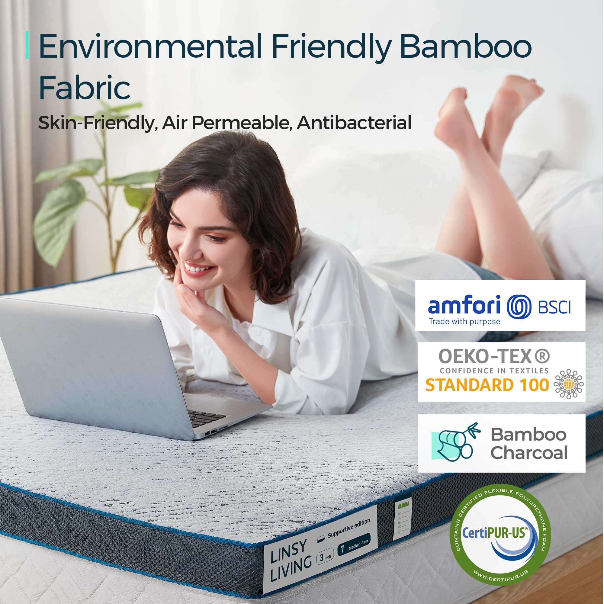 LINSY LIVING Memory Foam Mattress Topper King, 3-Inch Memory Foam Mattress Topper King Size, Gel Infused with Removable Cover, 2-Layer Ventilated Design, CertiPUR-US Certified