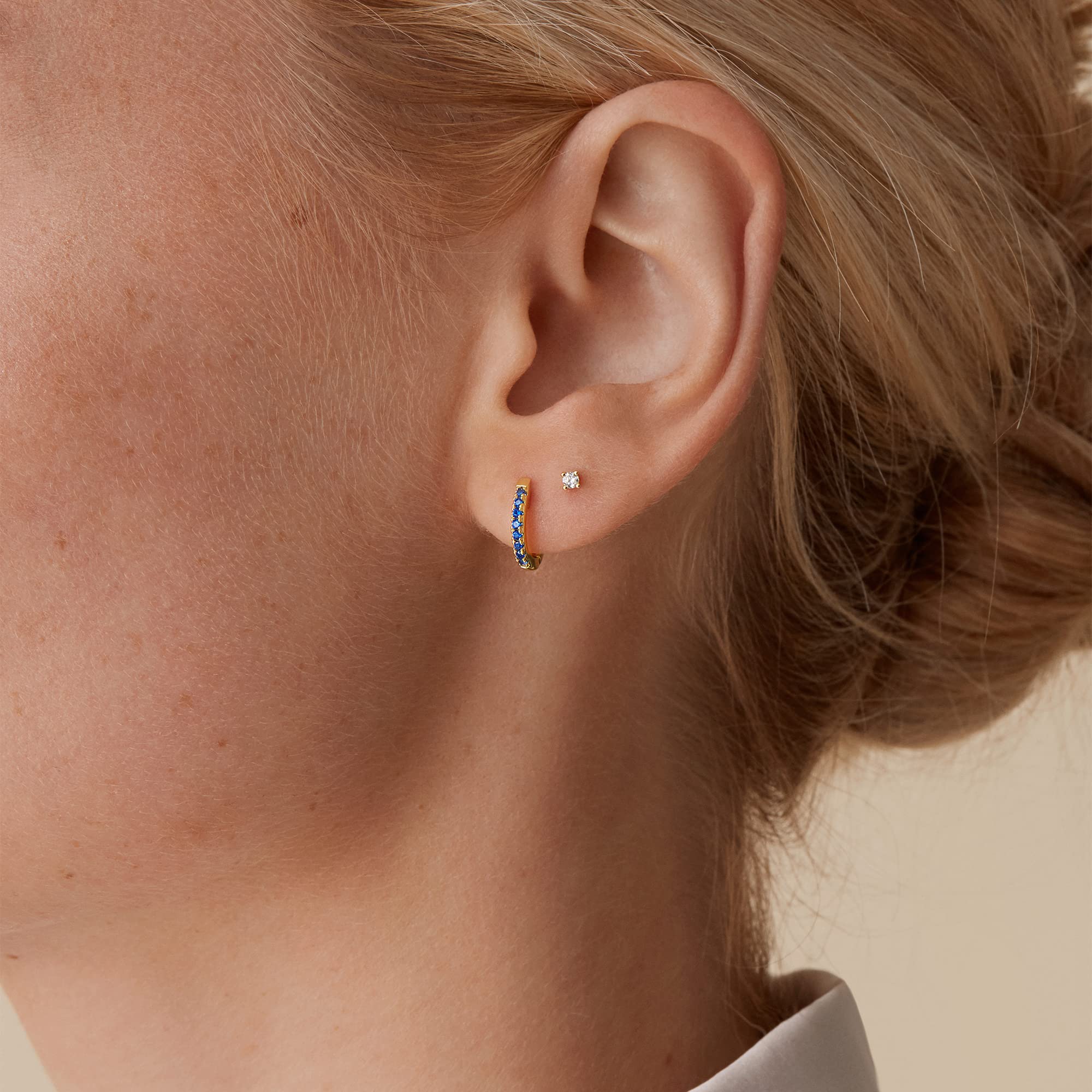 PAVOI 14K Gold Plated Sterling Silver Post Huggies | Cubic Zirconia Huggie Earrings for Women | Nano Spinel Blue Stones, White Gold