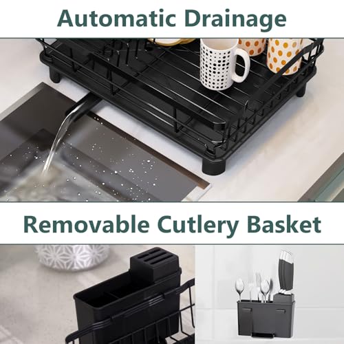 AIDERLY Iron Dish Drying Rack with Drainboard Dish Drainers for Kitchen Counter Extendable Spout Strainers with Utensil Holder and Knife Slots, Grey