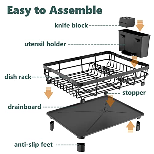 AIDERLY Iron Dish Drying Rack with Drainboard Dish Drainers for Kitchen Counter Extendable Spout Strainers with Utensil Holder and Knife Slots, Grey