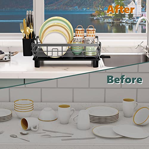 AIDERLY Iron Dish Drying Rack with Drainboard Dish Drainers for Kitchen Counter Extendable Spout Strainers with Utensil Holder and Knife Slots, Grey