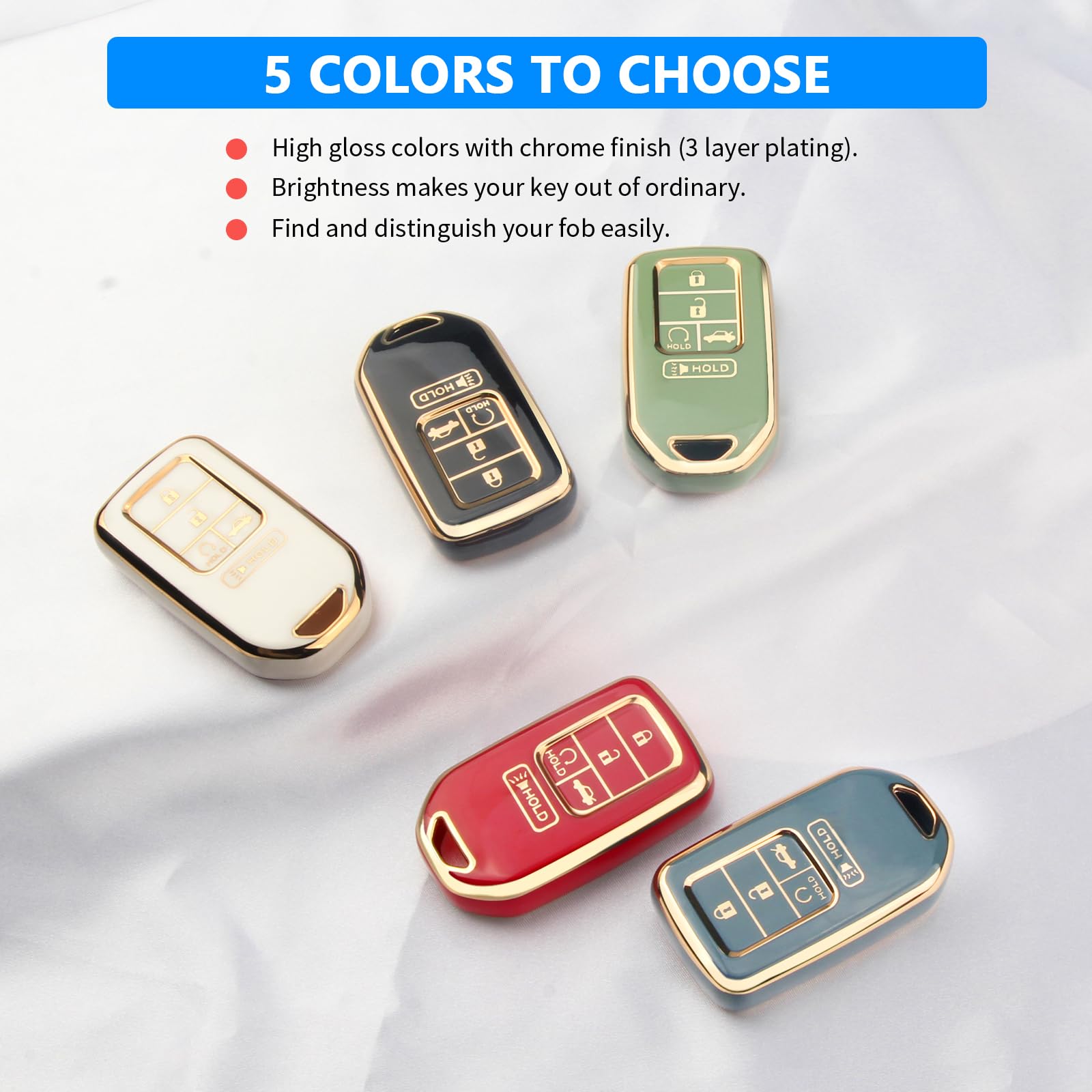 QBUC for Honda Key Fob Cover Case with Keychain for Honda Accord Civic CR-V CRV Pilot Passport Insight EX EX-L 5 Buttons