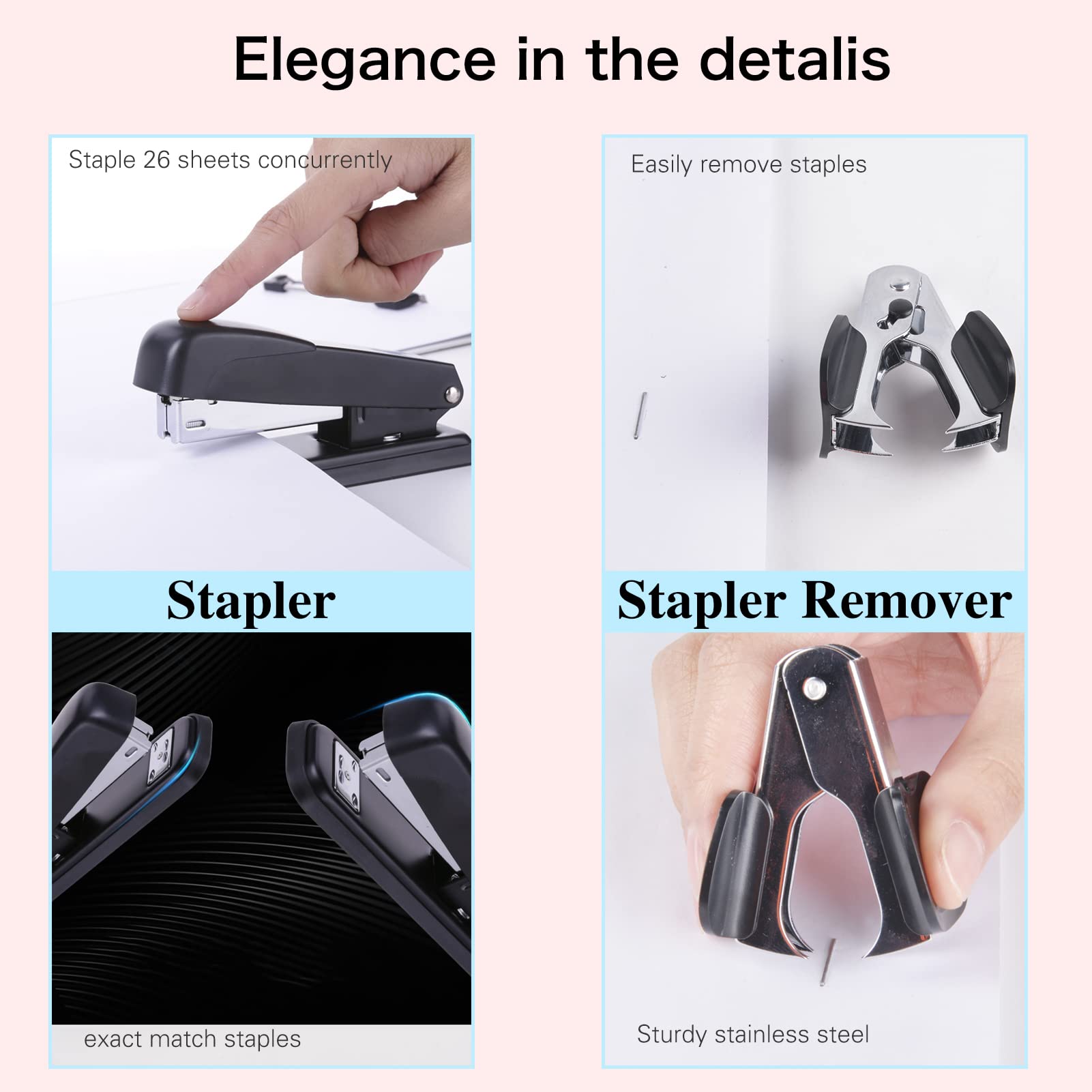 ChezMax Black Desk Accessory Kit Includes Stapler Staples Staple Remover Tape Dispenser Transparent Tape Scissors Push Pins Paper Clips Binder Clips Single Hole Punch Telescopic Knife Tape Measure