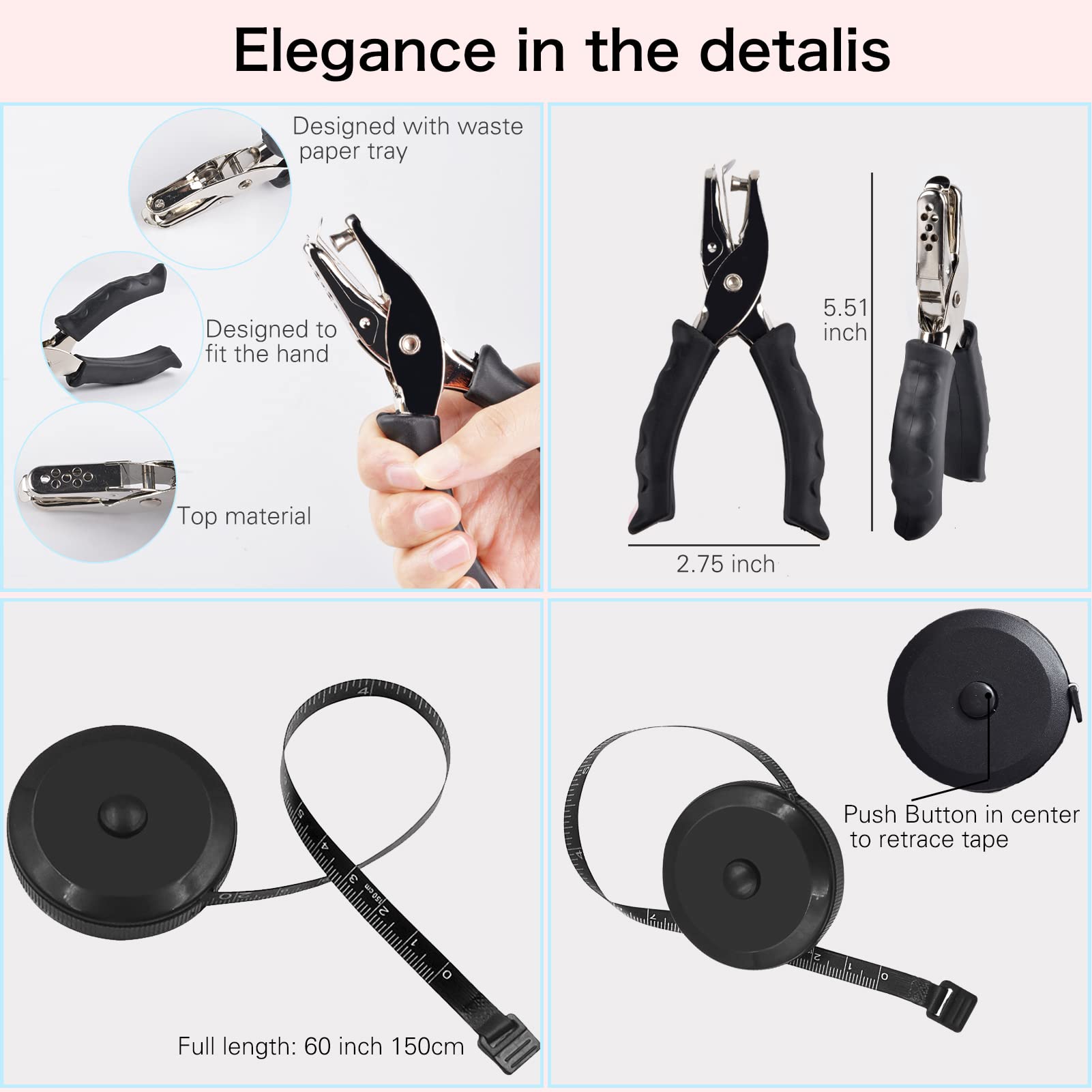ChezMax Black Desk Accessory Kit Includes Stapler Staples Staple Remover Tape Dispenser Transparent Tape Scissors Push Pins Paper Clips Binder Clips Single Hole Punch Telescopic Knife Tape Measure