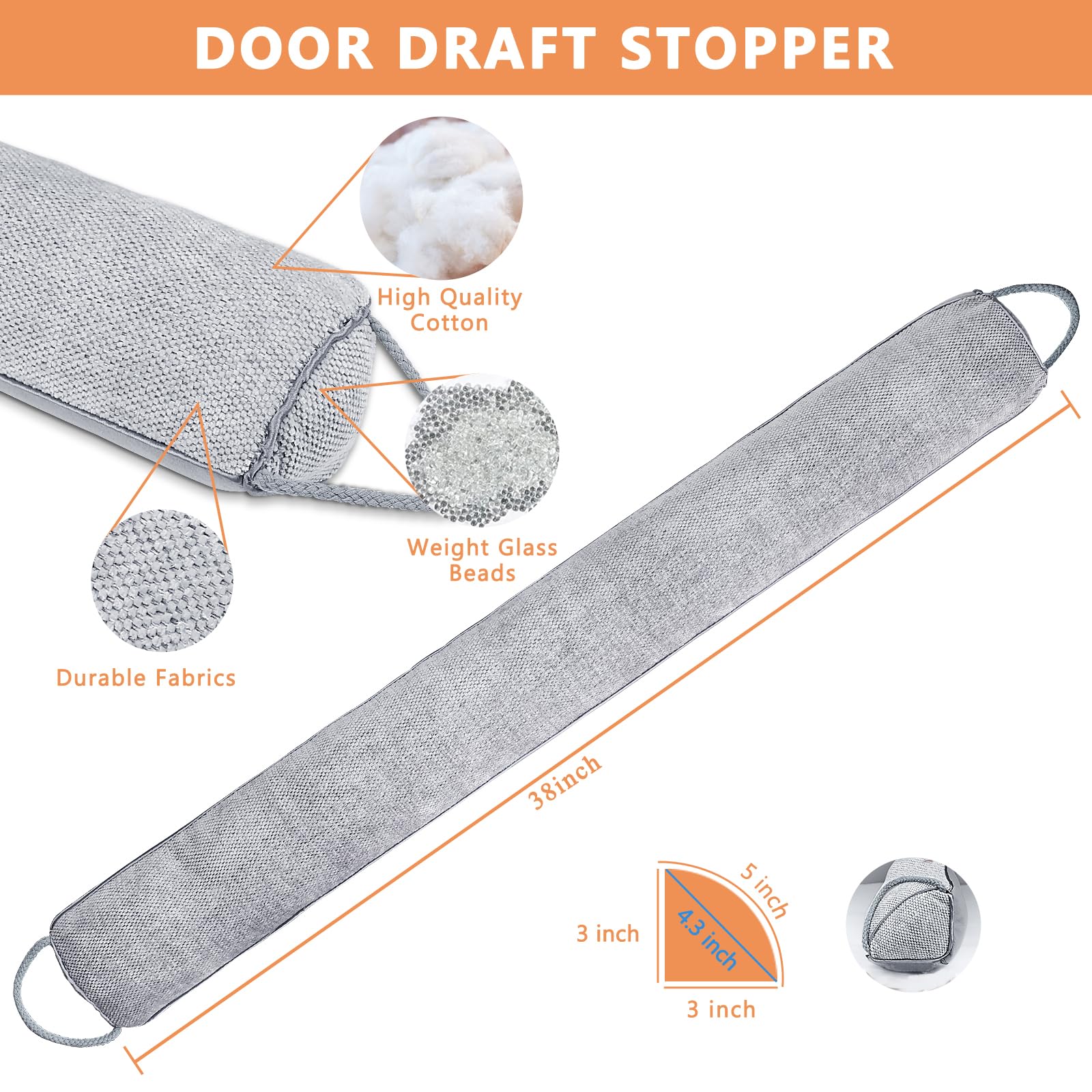Triangle Under Door Draft Stopper Noise Blocker 38 Inches for Door Bottom Air Seal Insulation and Soundproof, Heavy Duty Weather Guard Snake Stripping, Gray