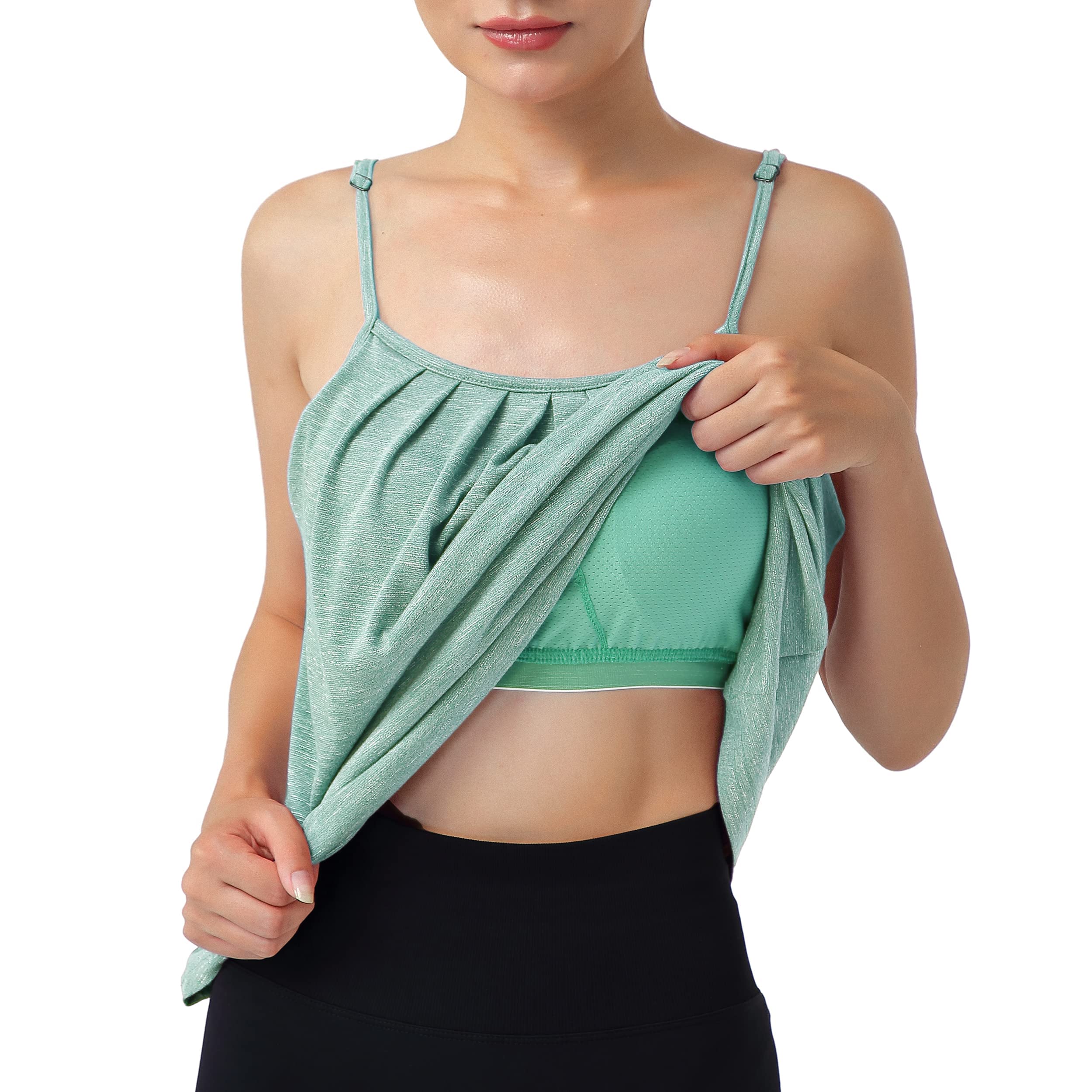 Hibelle Cami with Built in Bra, Spaghetti Strap Tanks Workout Clothes for Women Plus Size Relaxed Fit Breathable Clothing Summer Sleeveless Tunic Tops Mint Green XX-Large