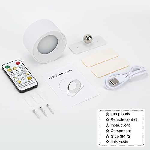 Lightess LED Wall Sconce, Wall Mounted Lamp with Rechargeable Battery Operated, 3 Brightness Level & 3 Color Temp 360°Rotate Magnetic Ball,Touch & Remote Control Wall Light for Reading Bedside