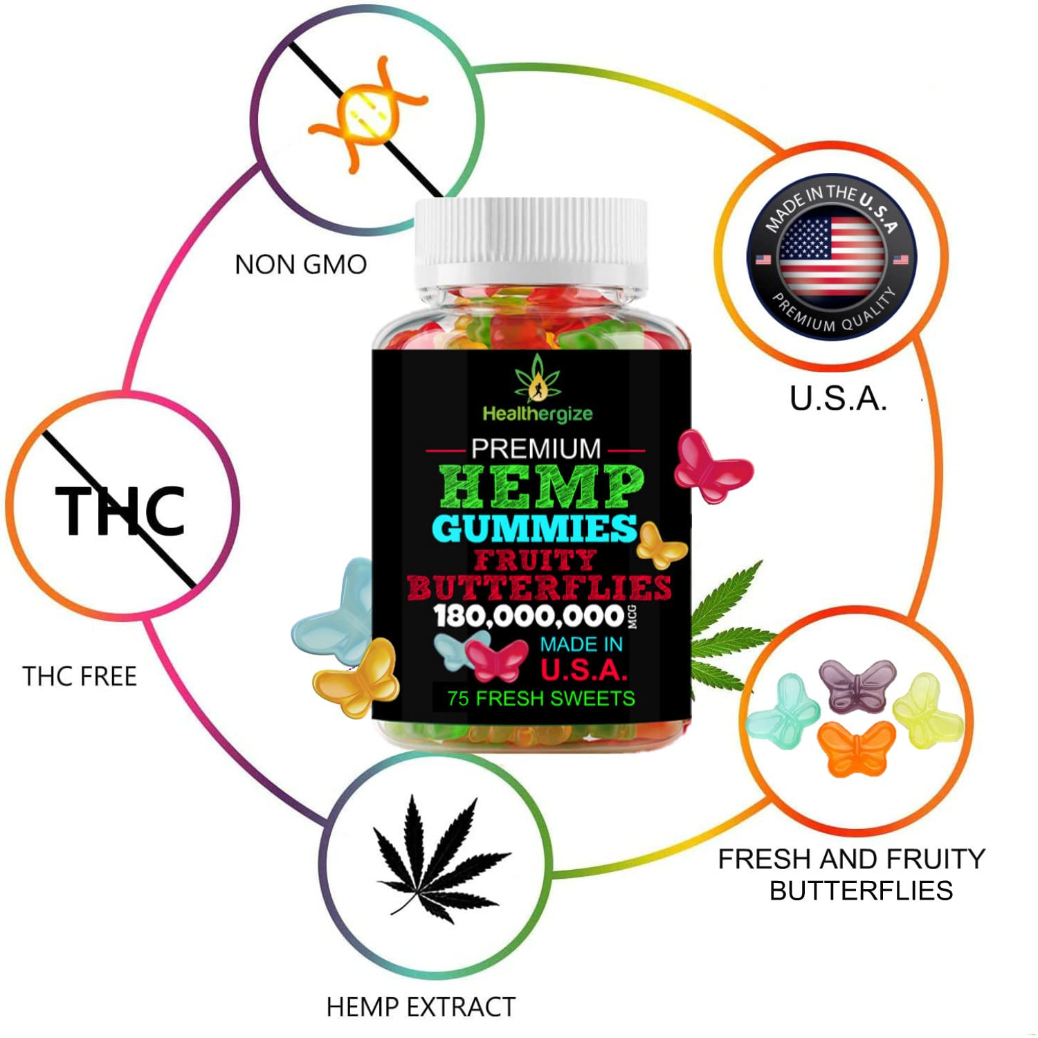 2PACK Hemp Gummies-Fresh Butterflies and Delicious Hemp Gummy Peach-for Sleep, Calm and Relax-Inflammation Natural Hemp Party-Made in USA