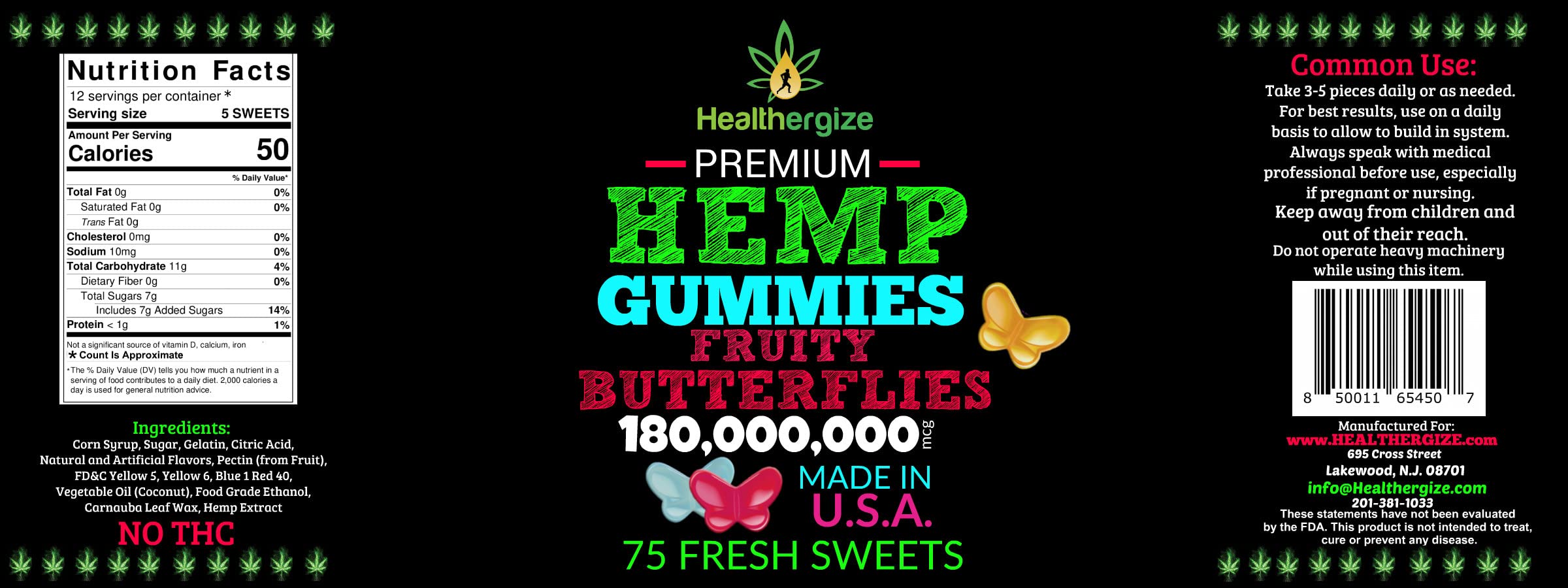 2PACK Hemp Gummies-Fresh Butterflies and Delicious Hemp Gummy Peach-for Sleep, Calm and Relax-Inflammation Natural Hemp Party-Made in USA