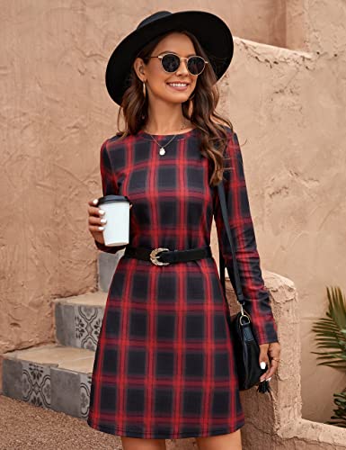 Blooming Jelly Women's Plaid Swing Dress Long Sleeve Round Neck Tunic Mini Dress(Large,Black and Red Plaid)