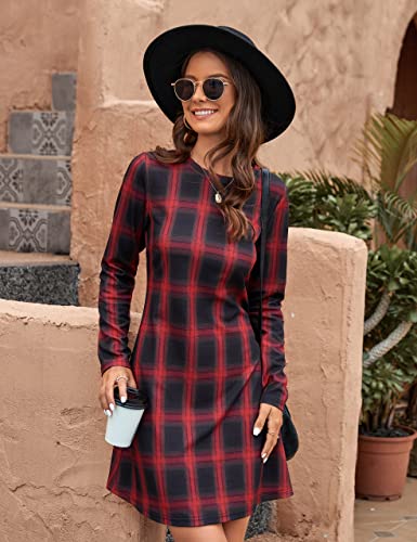 Blooming Jelly Women's Plaid Swing Dress Long Sleeve Round Neck Tunic Mini Dress(Large,Black and Red Plaid)