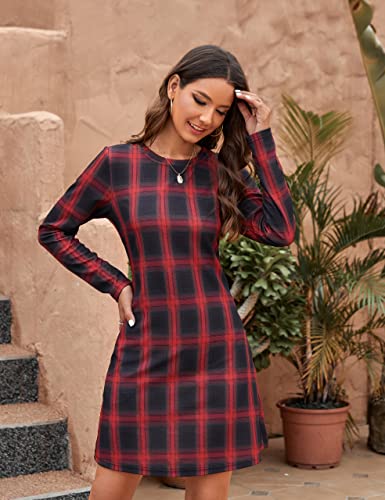 Blooming Jelly Women's Plaid Swing Dress Long Sleeve Round Neck Tunic Mini Dress(Large,Black and Red Plaid)