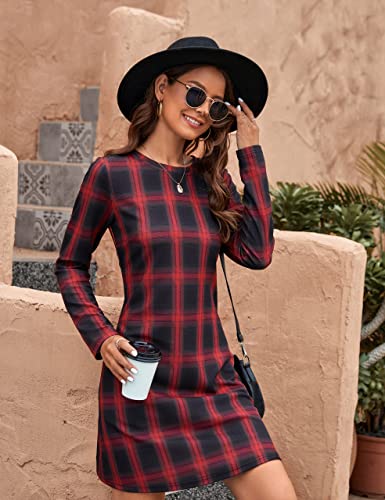 Blooming Jelly Women's Plaid Swing Dress Long Sleeve Round Neck Tunic Mini Dress(Large,Black and Red Plaid)