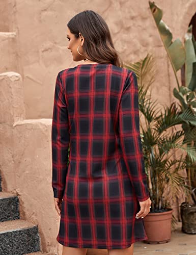 Blooming Jelly Women's Plaid Swing Dress Long Sleeve Round Neck Tunic Mini Dress(Large,Black and Red Plaid)
