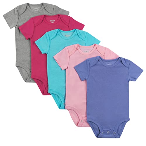 Hanes Unisex Baby Bodysuits, Ultimate Flexy Short Sleeve For Boys & Girls, 5-pack, Pink Turq Purple Set, 18-24 Months US