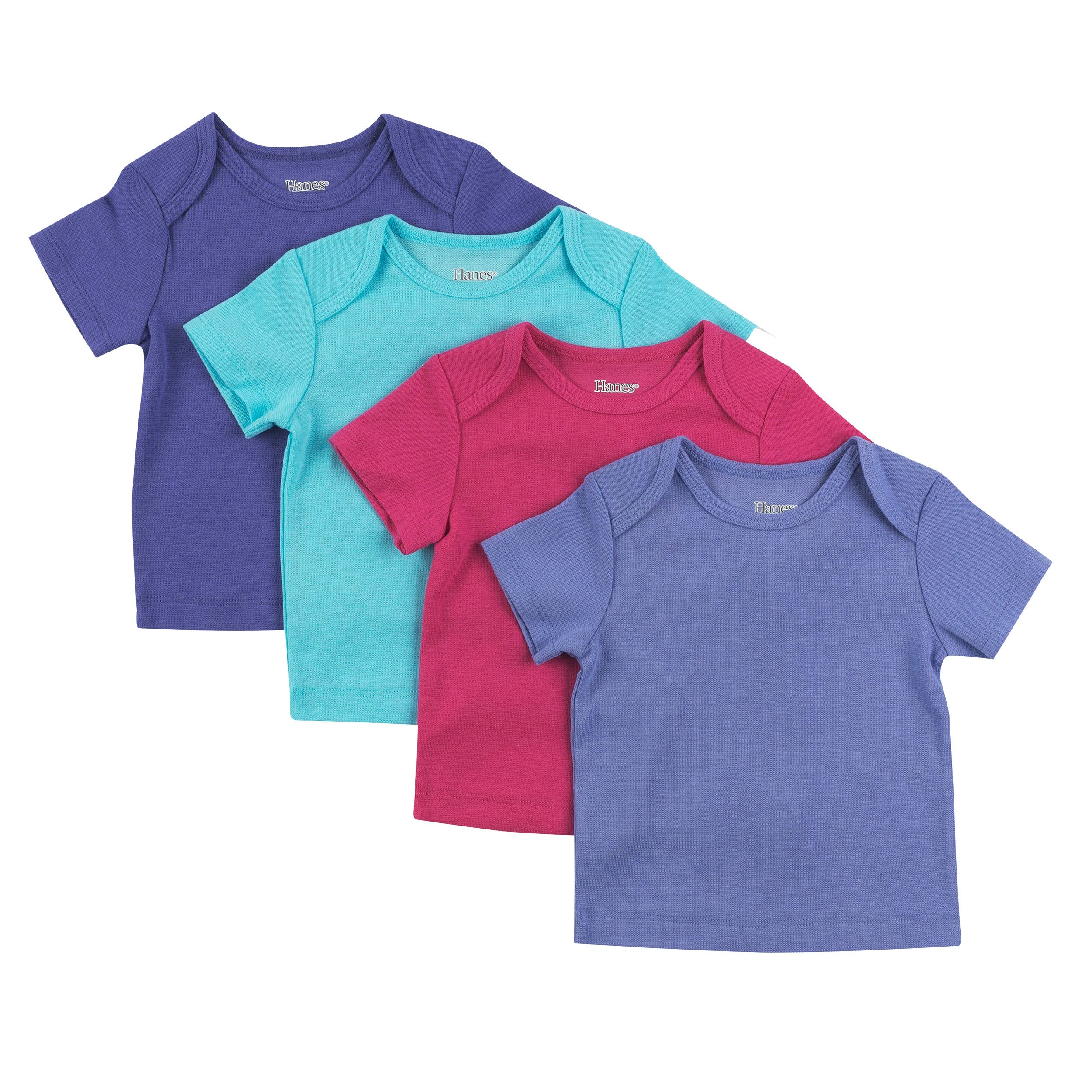 Hanes Baby T, Flexy Soft Stretch Shirt, Expandable Shoulder, 4-Pack, Pink Turq Purple Set, 18-24 Months