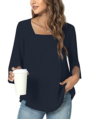 TAOHUADAO Womens 2025 Summer Casual Square Neck Loose Tunic Top for Leggings 3/4 Sleeve Chiffon Blouse Shirt Tops Large, Navy Blue