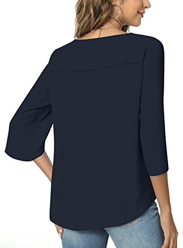 TAOHUADAO Womens 2025 Summer Casual Square Neck Loose Tunic Top for Leggings 3/4 Sleeve Chiffon Blouse Shirt Tops Large, Navy Blue