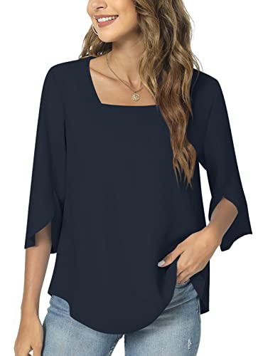 TAOHUADAO Womens 2025 Summer Casual Square Neck Loose Tunic Top for Leggings 3/4 Sleeve Chiffon Blouse Shirt Tops Large, Navy Blue