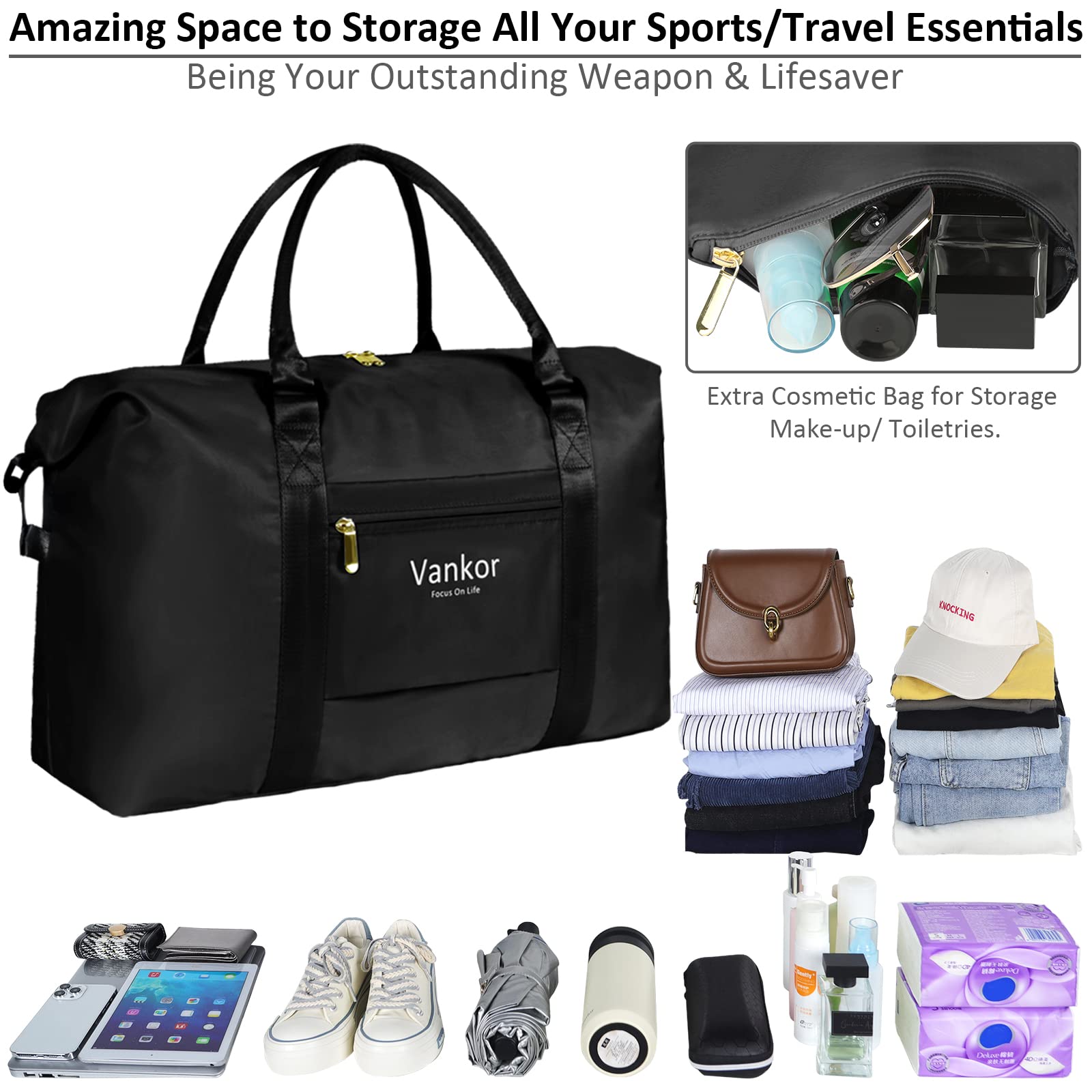 Large Duffle Bag for Travel Waterproof 21 Inch, Vankor Gym Duffel Bag for Women Men Durable Carry on Weekender Overnight Sports Luggage Weekend Beach Yoga Workout Hospital Mommy Diaper Bag Black