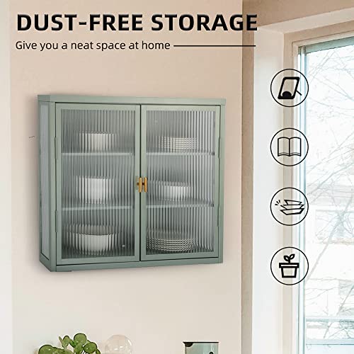 HomSof Wall Cabinet Haze Double Glass Door Detachable Shelves for Office, Dining, Living Room, Kitchen and Bathroom, Mint Green