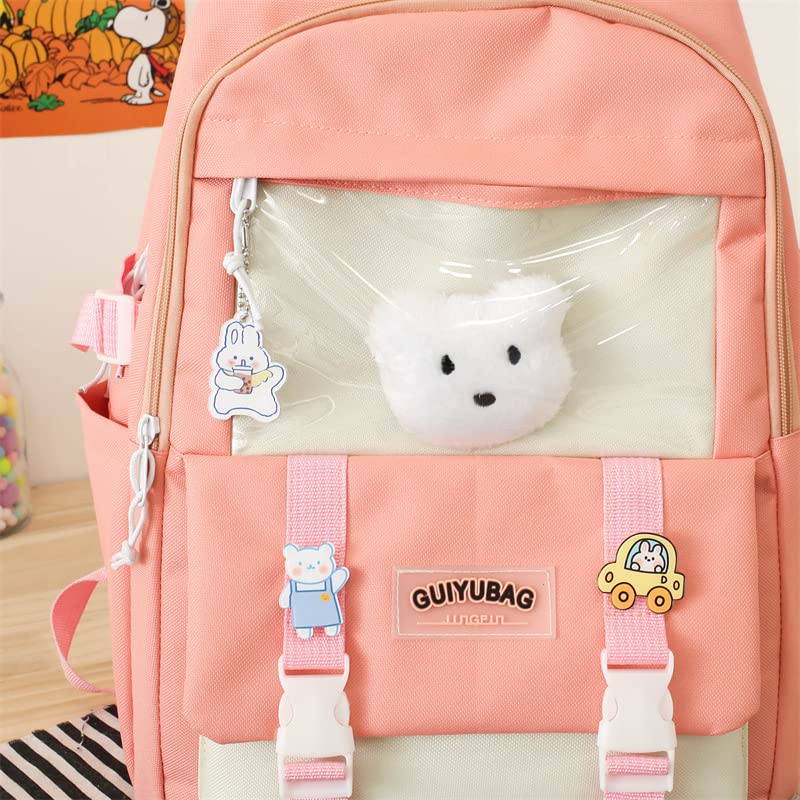 4Pcs Kawaii Canvas School Backpack with Pendant, Aesthetic Laptop Shoulders Ita Bag, School Supplies Stationary for Back to School (Purple)