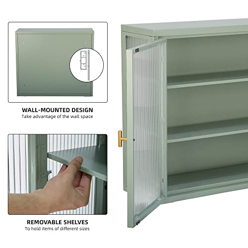HomSof Wall Cabinet Haze Double Glass Door Detachable Shelves for Office, Dining, Living Room, Kitchen and Bathroom, Mint Green