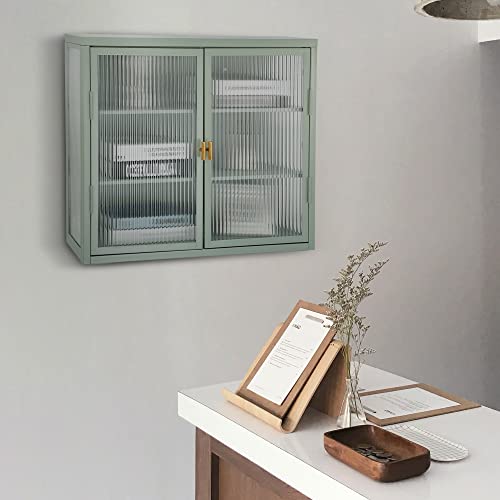 HomSof Wall Cabinet Haze Double Glass Door Detachable Shelves for Office, Dining, Living Room, Kitchen and Bathroom, Mint Green