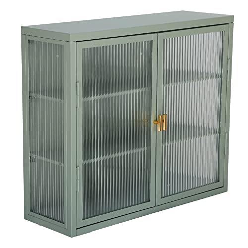 HomSof Wall Cabinet Haze Double Glass Door Detachable Shelves for Office, Dining, Living Room, Kitchen and Bathroom, Mint Green