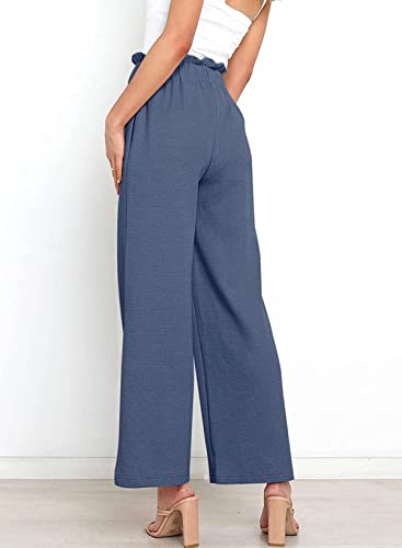 EVALESS Wide Leg Pants for Women Casual Loose Elastic High Waisted Waffle Knit Work Lounge Palazzo Dress Pants Trousers with Pockets Blue X-Large