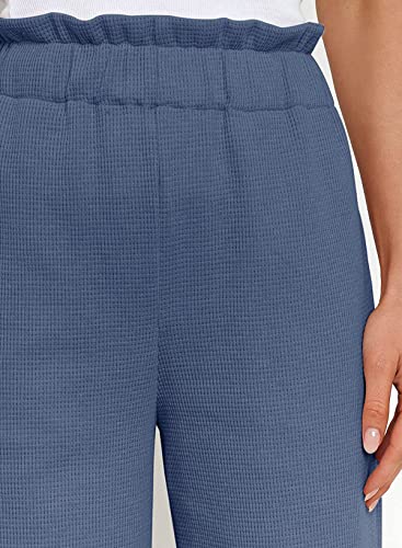 EVALESS Wide Leg Pants for Women Casual Loose Elastic High Waisted Waffle Knit Work Lounge Palazzo Dress Pants Trousers with Pockets Blue X-Large