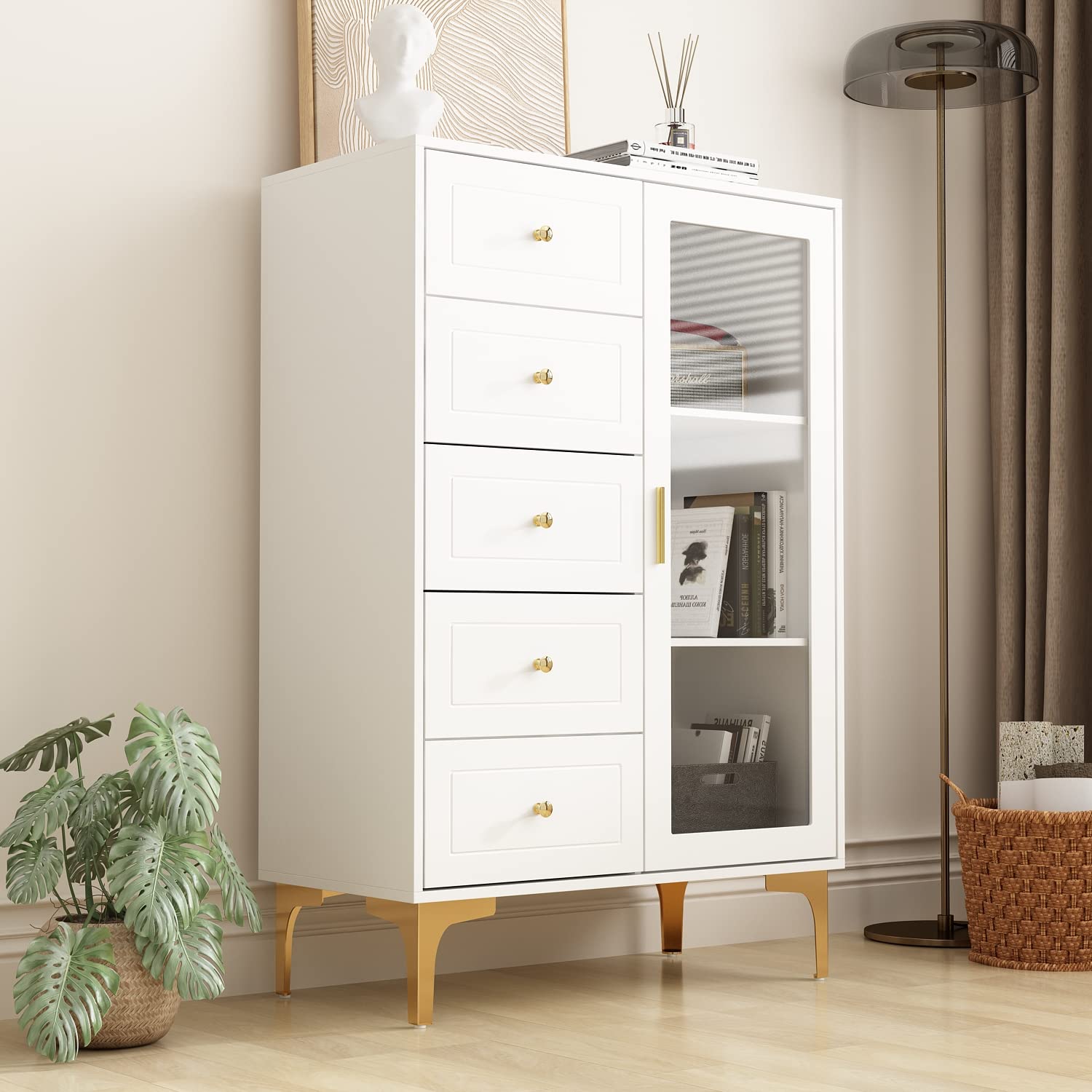 Homsee Storage Cabinet with 5 Drawers, Shelves & Glass Door, Sideboard Buffet Cabinet with Metal Legs, Modern Wood Display Cabinet for Living Room, Bedroom & Hallway, White (31.5”W x 15.7”D x 47.2”H)