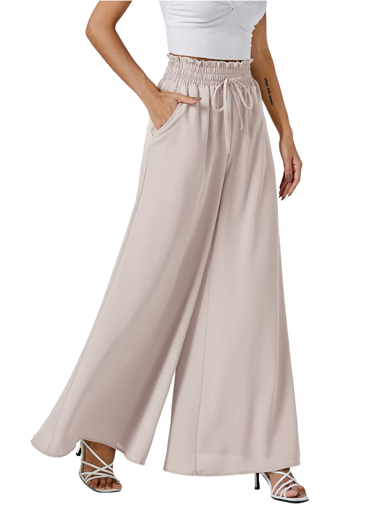 LYANER Women's Drawstring Elastic High Waisted Wide Leg Palazzo Pants Loose Casual Trousers Beige X-Large