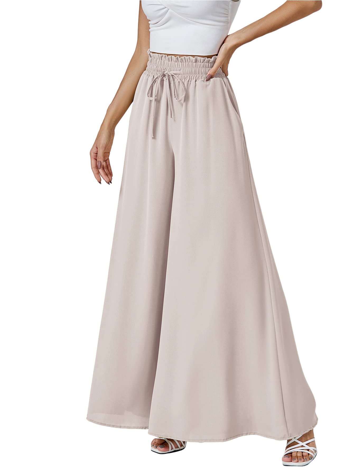 LYANER Women's Drawstring Elastic High Waisted Wide Leg Palazzo Pants Loose Casual Trousers Beige X-Large
