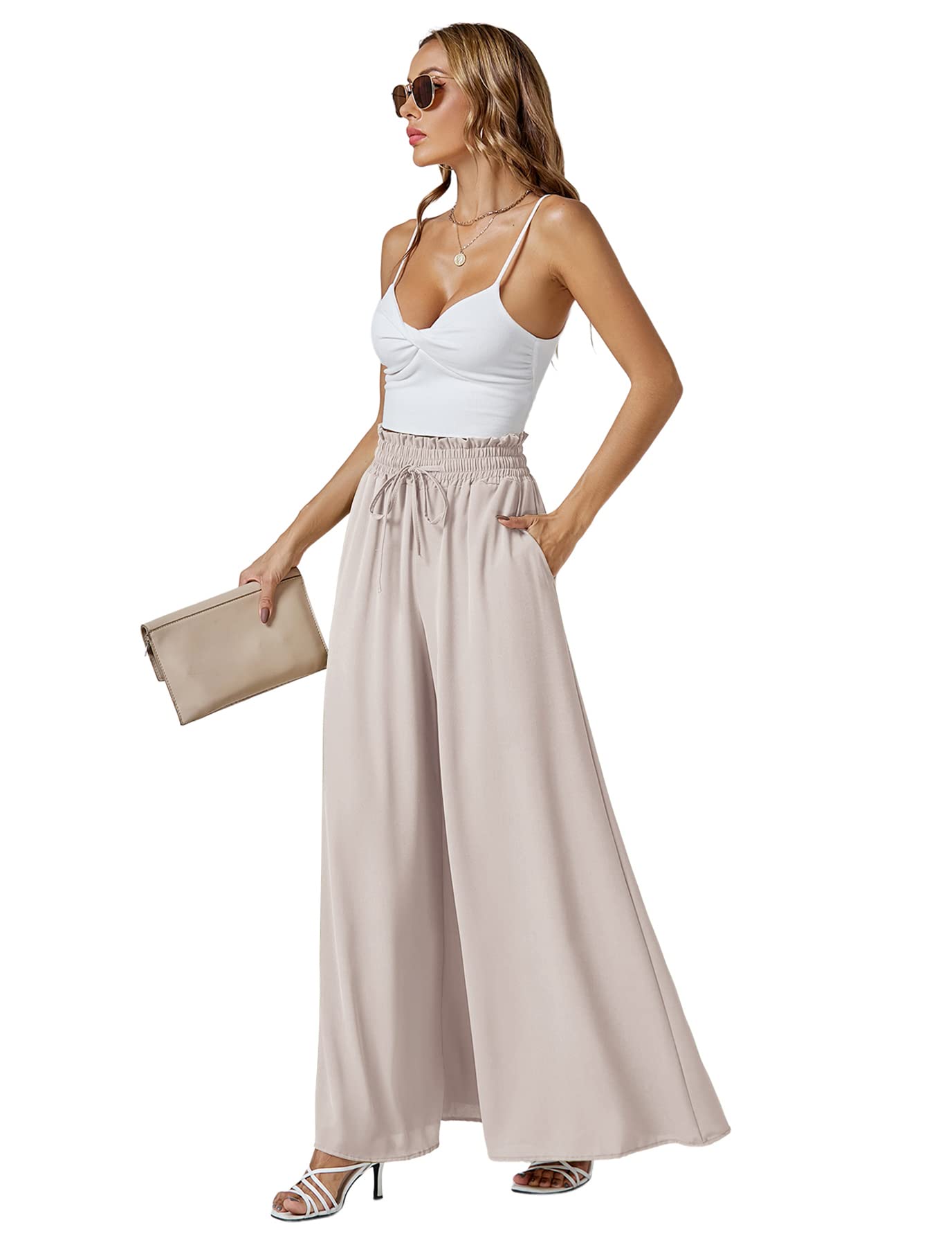 LYANER Women's Drawstring Elastic High Waisted Wide Leg Palazzo Pants Loose Casual Trousers Beige X-Large