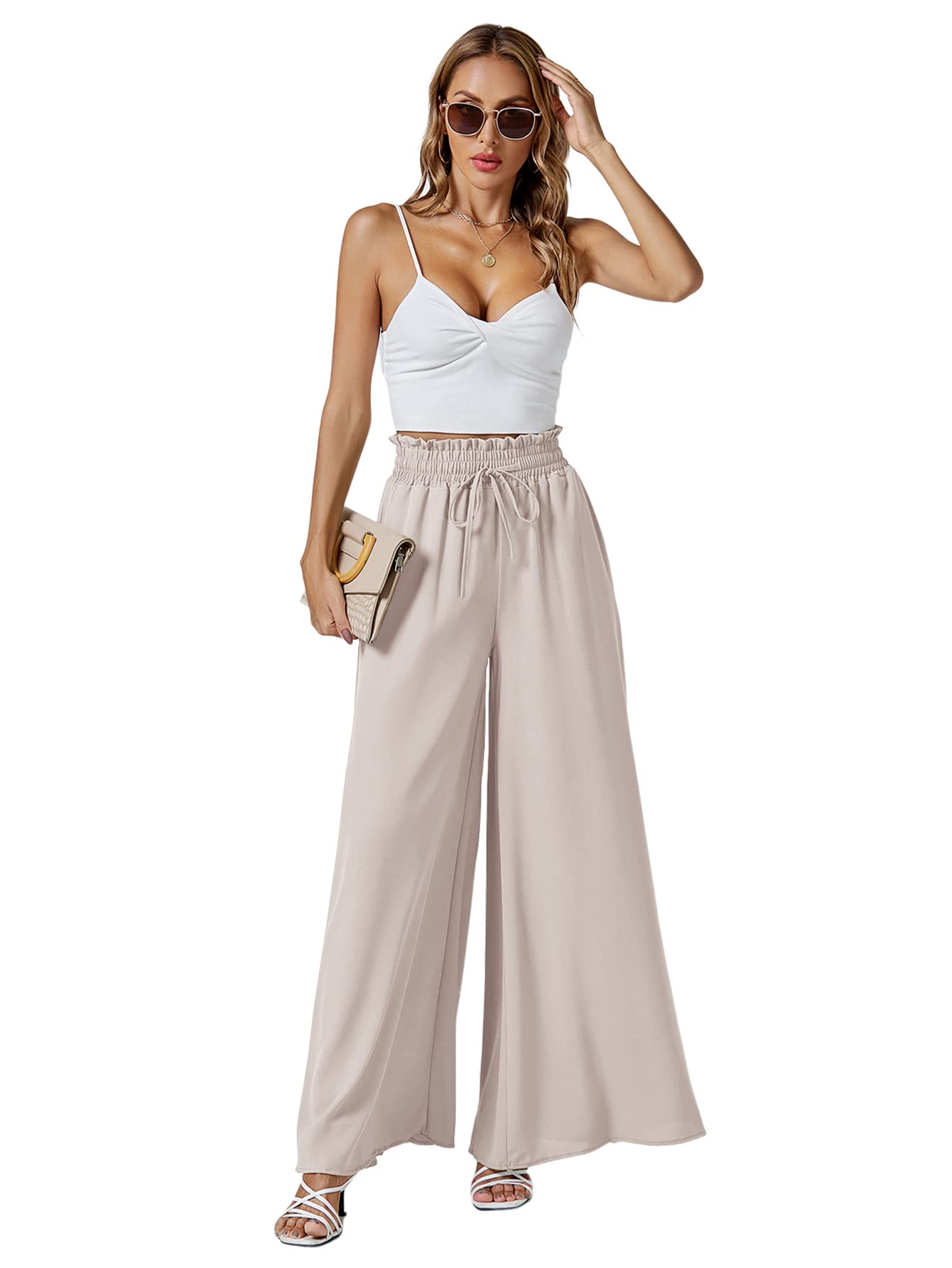 LYANER Women's Drawstring Elastic High Waisted Wide Leg Palazzo Pants Loose Casual Trousers Beige X-Large